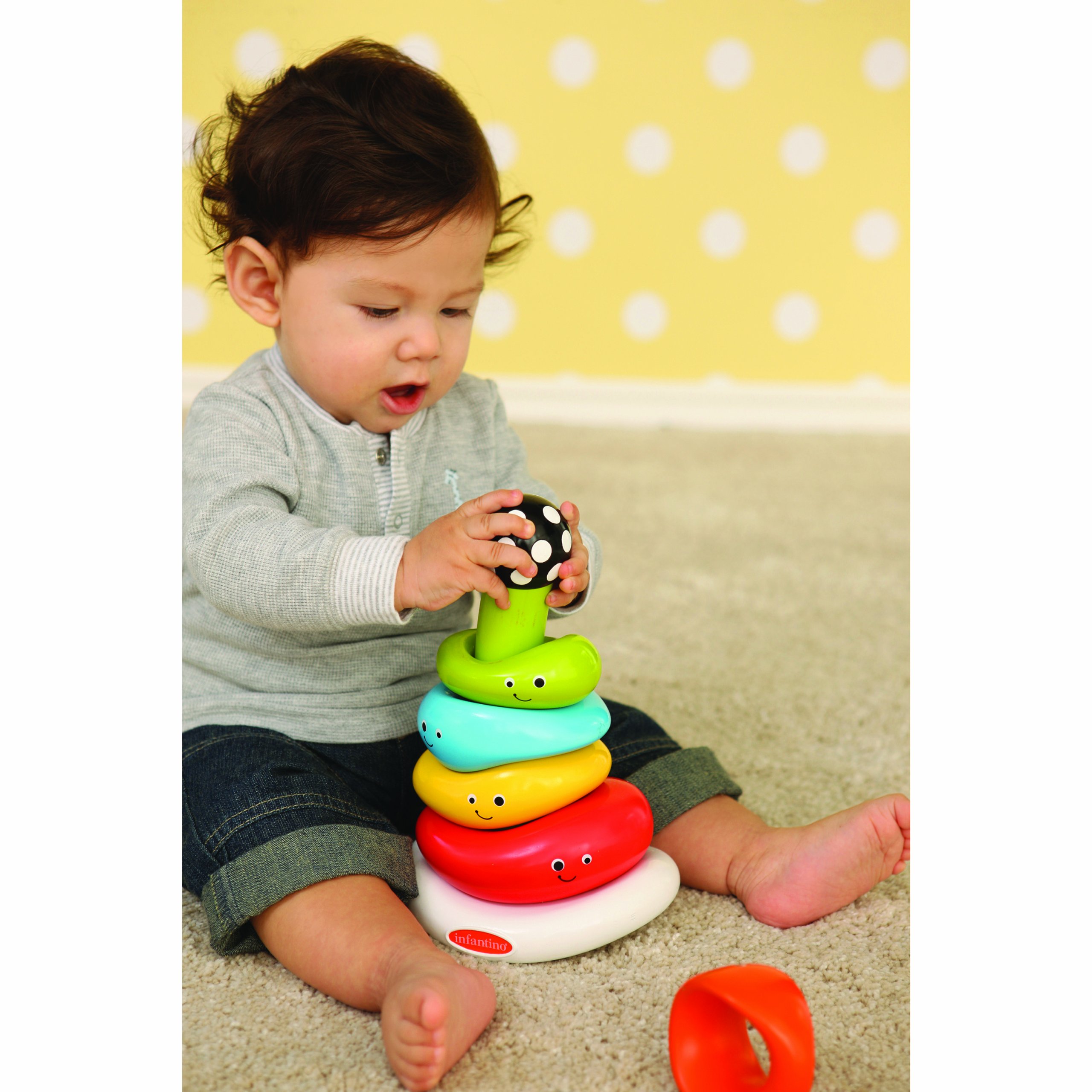 Infantino Funny Faces Ring Stacker Colorful Baby and Toddler Toys for Motor Skills, 5 Pieces