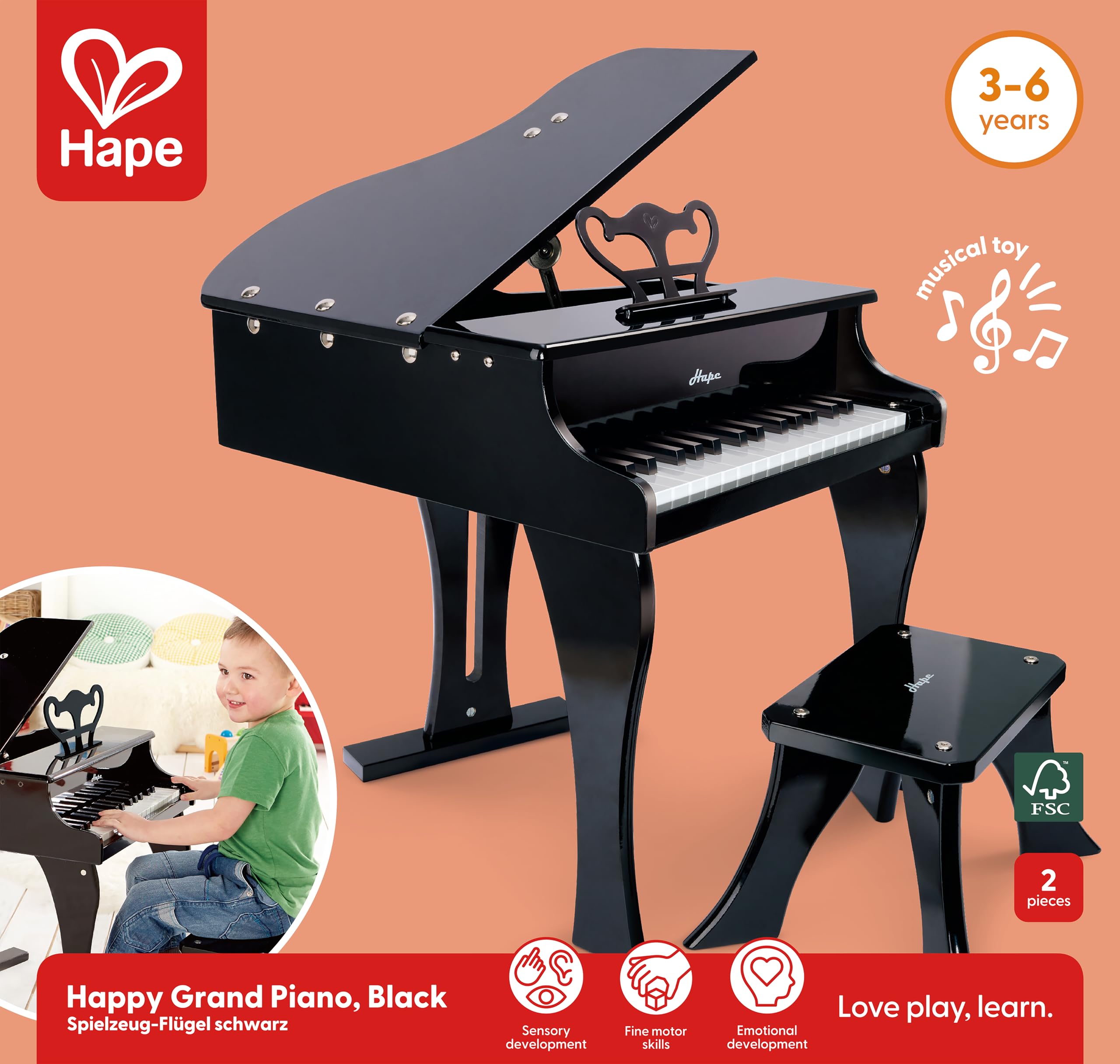 Hape Classic Grand Black Piano| Thirty Key Wooden Keyboard Musical Toy Set for Kids Age Year 3 and up