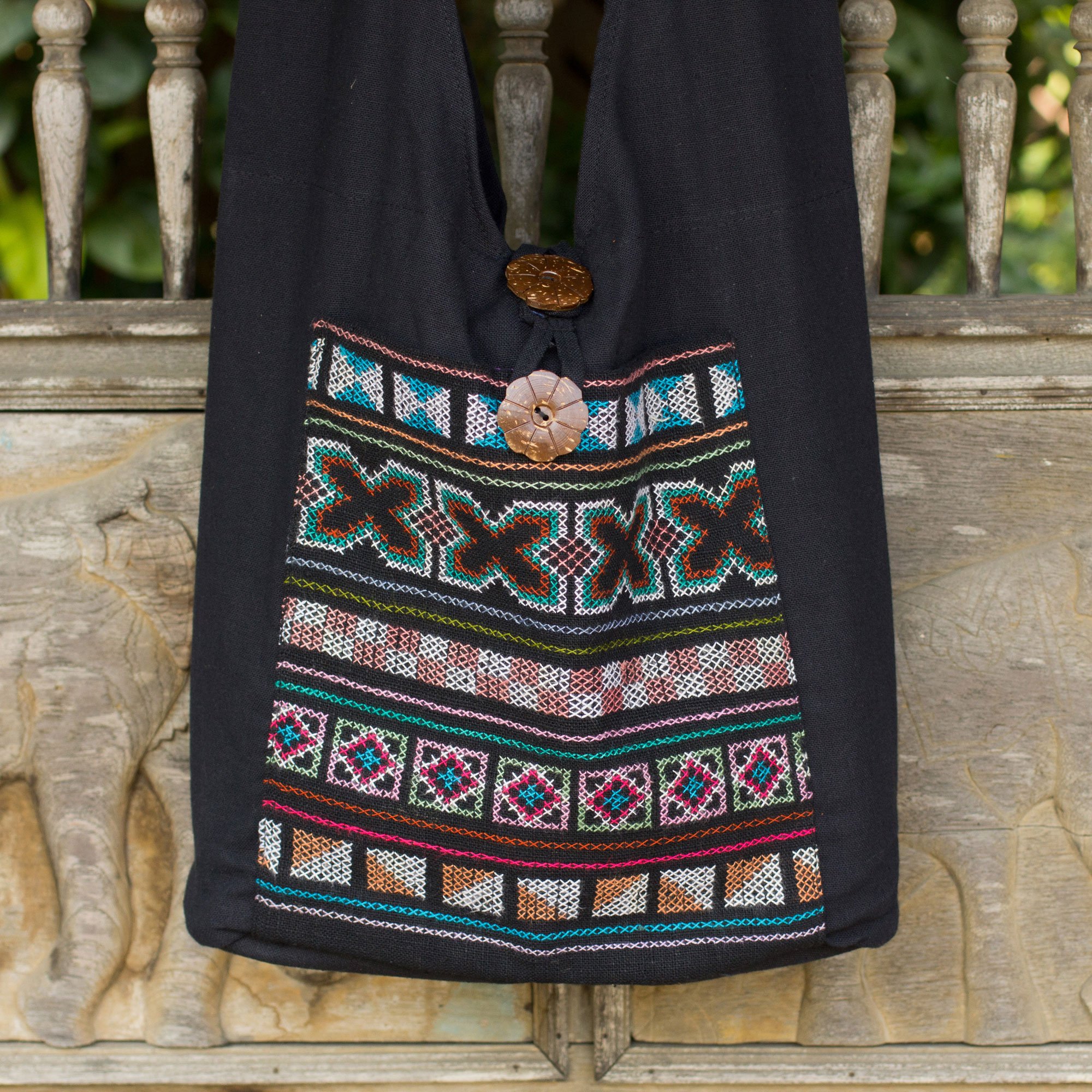 NOVICA Artisan hand embroidered cotton handbag hemp sling handbags multicolor black slings thailand geometric ' tribal tradition'