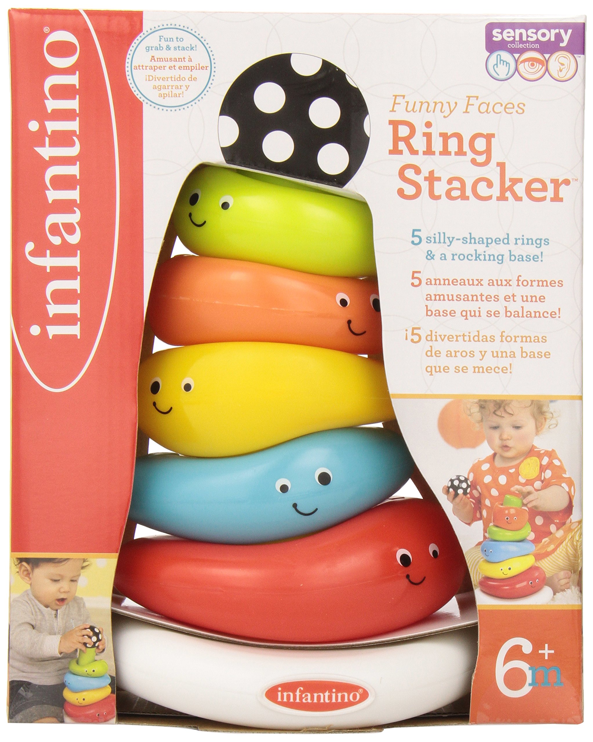 Infantino Funny Faces Ring Stacker Colorful Baby and Toddler Toys for Motor Skills, 5 Pieces