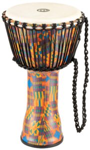 meinl percussion travel djembe hand drum circle instrument, synthetic shell and goat skin head — not made in china — african mali weave rope tuning, 2-year warranty, kenyan quilt, medium (padj2-m-g)