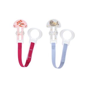 mam pacifier clips for baby girls with fasteners and flexible rings, designs may vary, 2 count