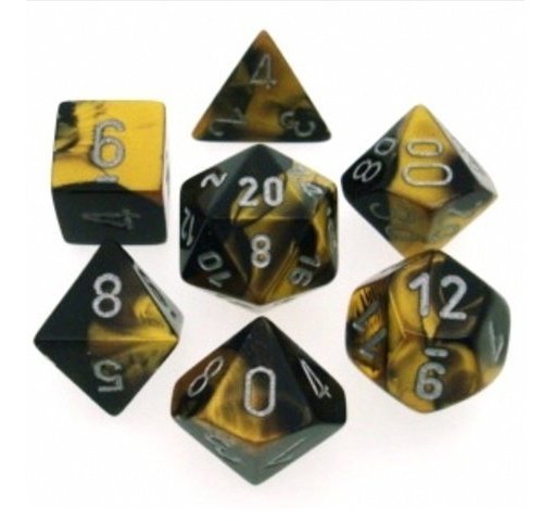 Polyhedral 7-Die Signature Leaf Dice Set: Black & Gold with Silver (d4, d6, d8, d10, d12, d20 & d00) CHX-27418