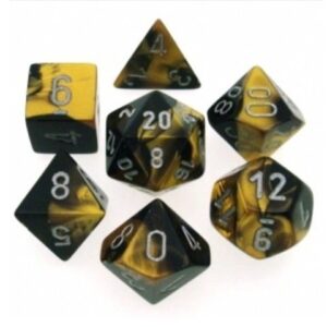 Polyhedral 7-Die Signature Leaf Dice Set: Black & Gold with Silver (d4, d6, d8, d10, d12, d20 & d00) CHX-27418