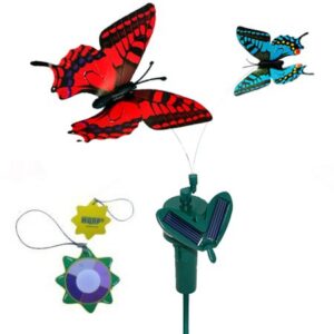 hqrp twin solar powered flying fluttering butterflies blue and red swallowtail for garden plants flowers/patio landscape decor + hqrp uv meter