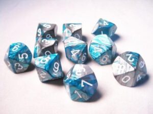 chessex dice sets: gemini steel & teal with white - ten sided die d10 set (10)