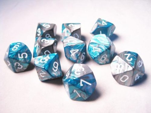 Chessex Dice Sets: Gemini Steel & Teal with White - Ten Sided Die d10 Set (10)