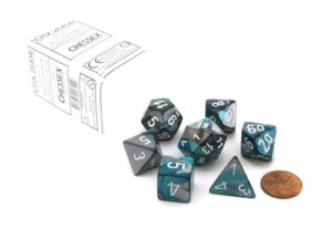 chessex polyhedral 7-die gemini dice set - steel-teal with white chx-26456