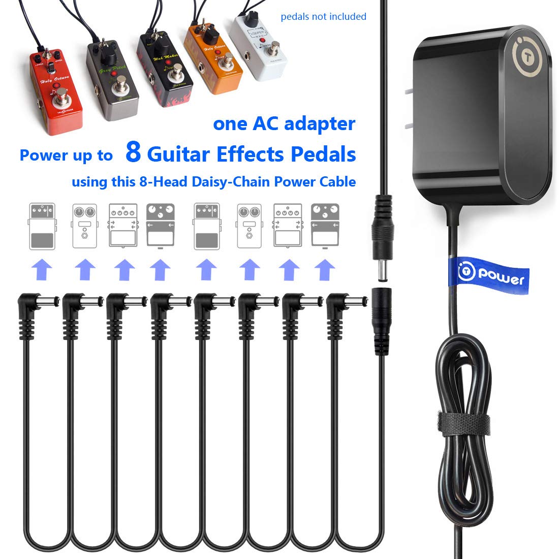 T POWER 9V 4~8 Way Daisy Chain Splitter Cord for Guitar Effect Pedal fits Zoom Roland Behringer Boss Digitech Jim Dunlop Ditto Looper PolyTune Ac Adapter Charger Power Supply