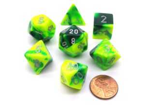 polyhedral 7-die gemini dice set - green-yellow with silver