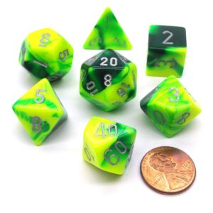 Polyhedral 7-Die Gemini Dice Set - Green-Yellow with Silver