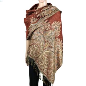 SILVERFEVER Luxurious Double Layered Jacquard Big Paisley Pashmina Shawl Wrap Scarf (Medium Brown)