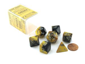 polyhedral 7-die signature leaf dice set: black & gold with silver (d4, d6, d8, d10, d12, d20 & d00) chx-27418