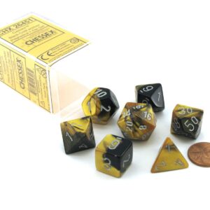 Polyhedral 7-Die Signature Leaf Dice Set: Black & Gold with Silver (d4, d6, d8, d10, d12, d20 & d00) CHX-27418