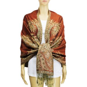 SILVERFEVER Luxurious Double Layered Jacquard Big Paisley Pashmina Shawl Wrap Scarf (Medium Brown)