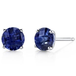 peora solid 14k white gold created blue sapphire stud earrings for women, classic solitaire round shape, 6mm, 2.25 carats total, friction back, blue earrings, september birthstone gift