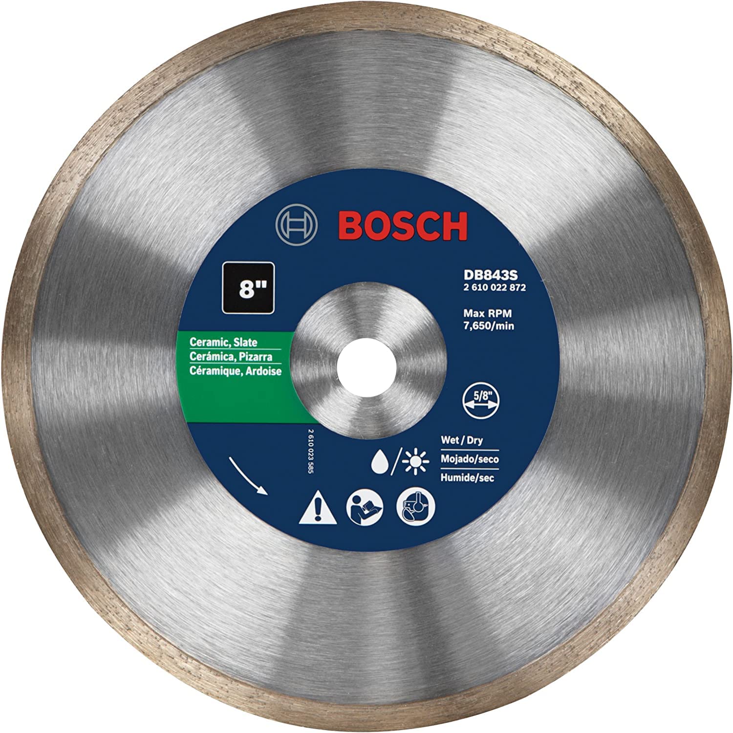 BOSCH DB843S 8 in. Standard Continuous Rim Diamond Blade with 5/8 in. Arbor for Clean Cut Wet/Dry Cutting Applications in Tile, Ceramic, Slate