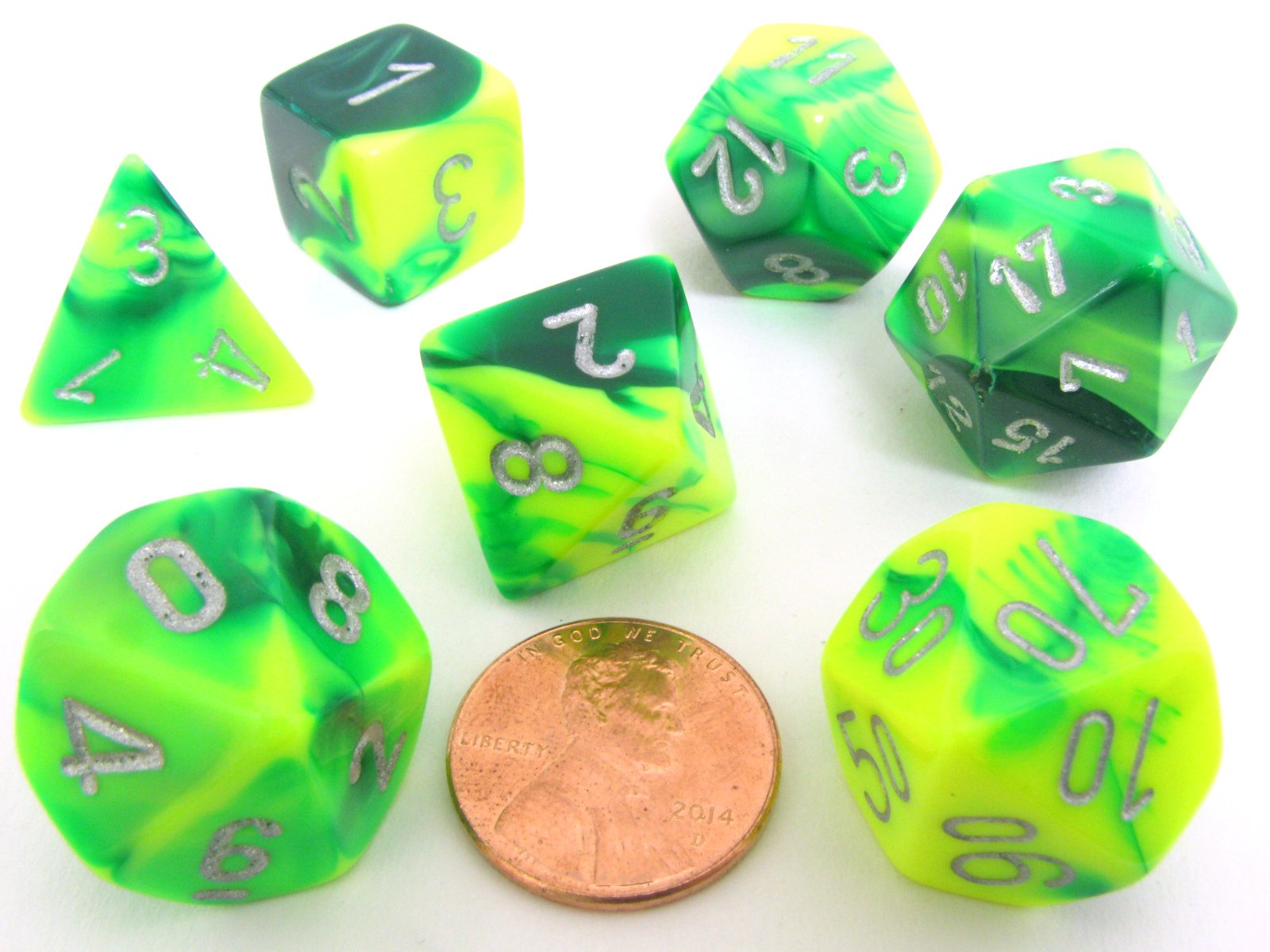 Polyhedral 7-Die Gemini Dice Set - Green-Yellow with Silver