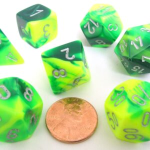 Polyhedral 7-Die Gemini Dice Set - Green-Yellow with Silver