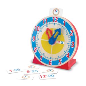 melissa & doug turn & tell wooden clock - educational toy with 12+ reversible time cards , red