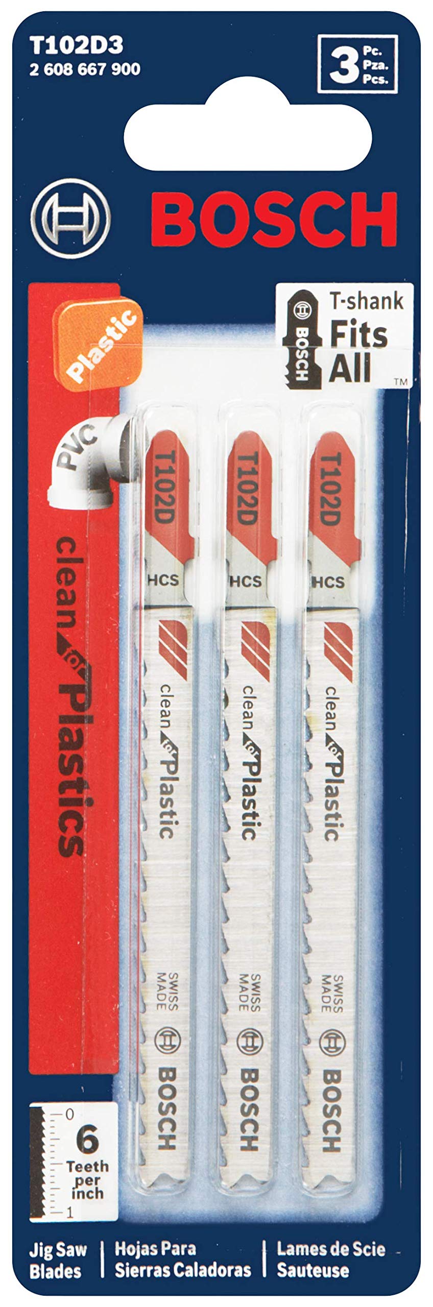 Bosch T102D3 3-Piece 3 In. 6 TPI Clean for Polypropylene High Carbon Steel Jig Saw Blades