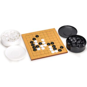 yellow mountain imports beechwood veneer 0.4-inch etched beginner's 9x9 go game set board with single convex melamine stones - classic strategy board game (baduk/weiqi)