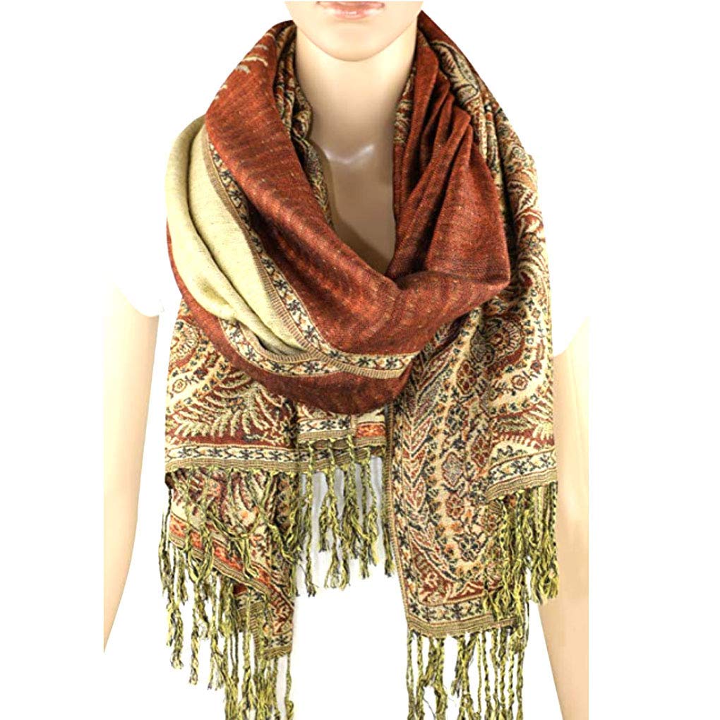 SILVERFEVER Luxurious Double Layered Jacquard Big Paisley Pashmina Shawl Wrap Scarf (Medium Brown)