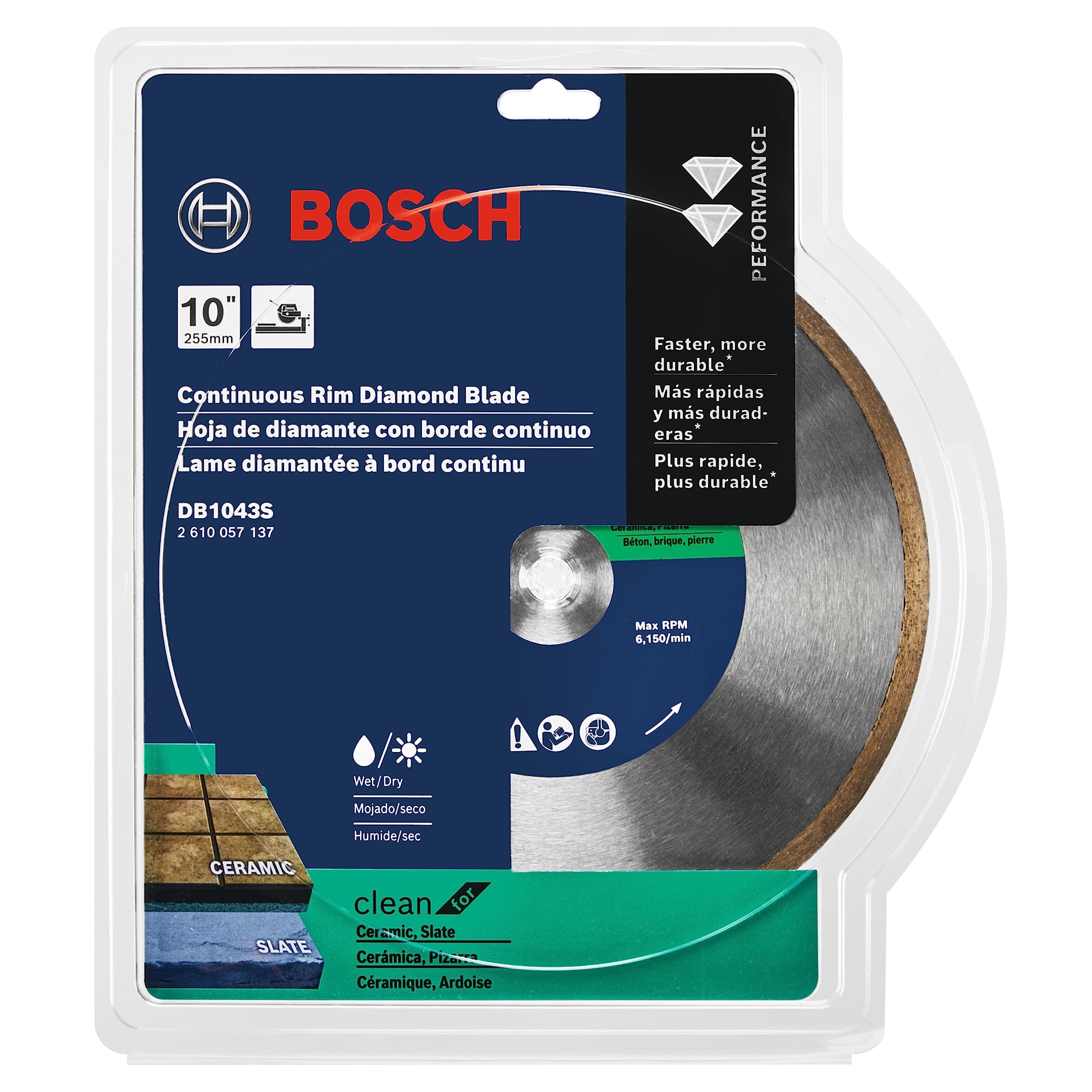 BOSCH DB1043S 10 in. Standard Continuous Rim Diamond Blade with 5/8 in. Arbor for Clean Cut Wet/Dry Cutting Applications in Ceramic Tile, Slate