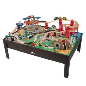 kidkraft multi-level airport express espresso train set & table, multi-colored toy, planes, trains, cars, helicopters, multiple kids play, gift for ages 3-8 46.25 x 32.5 x 15.5