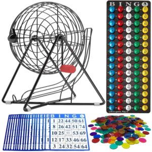 mr chips 11" (inch) tall professional bingo set with steel bingo cage, everlasting 7/8” bingo balls, 18 bingo cards and 300 bingo chips - mysterious black color