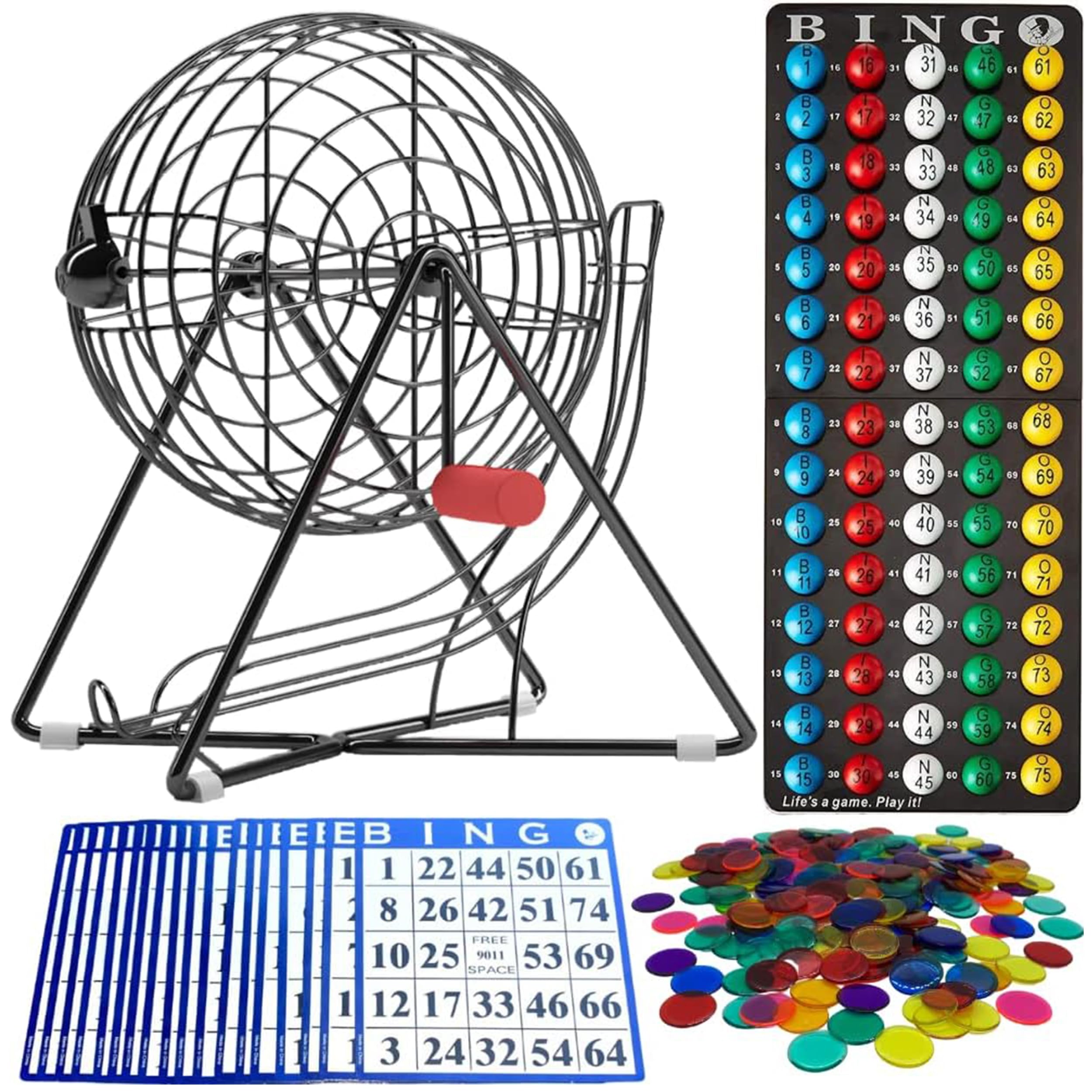 MR CHIPS 11" (Inch) Tall Professional Bingo Set with Steel Bingo Cage, Everlasting 7/8” Bingo Balls, 18 Bingo Cards and 300 Bingo Chips - Mysterious Black Color