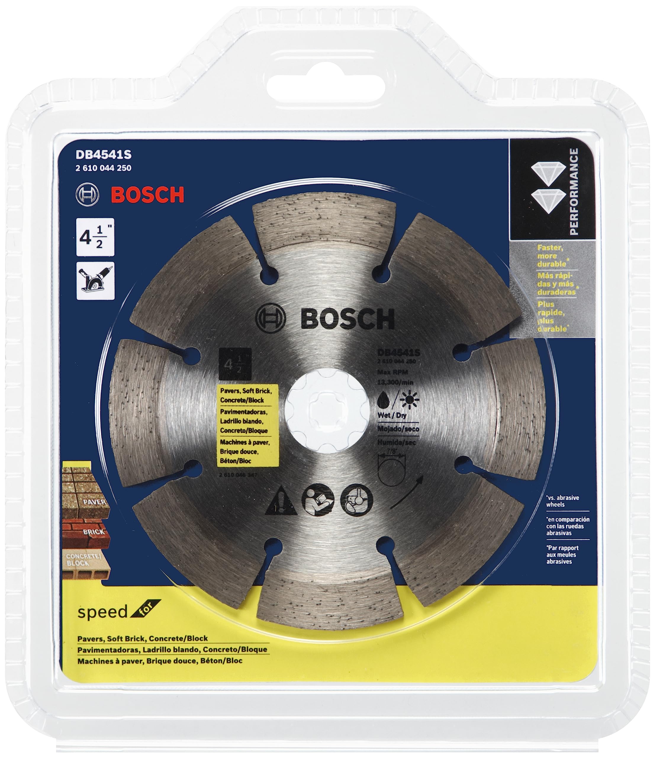 BOSCH DB4541S 4-1/2 in. Standard Segmented Rim Diamond Blade with 7/8 in. Arbor for Universal Rough Cut Wet/Dry Cutting Applications in Pavers, Soft Brick, Concrete/Block