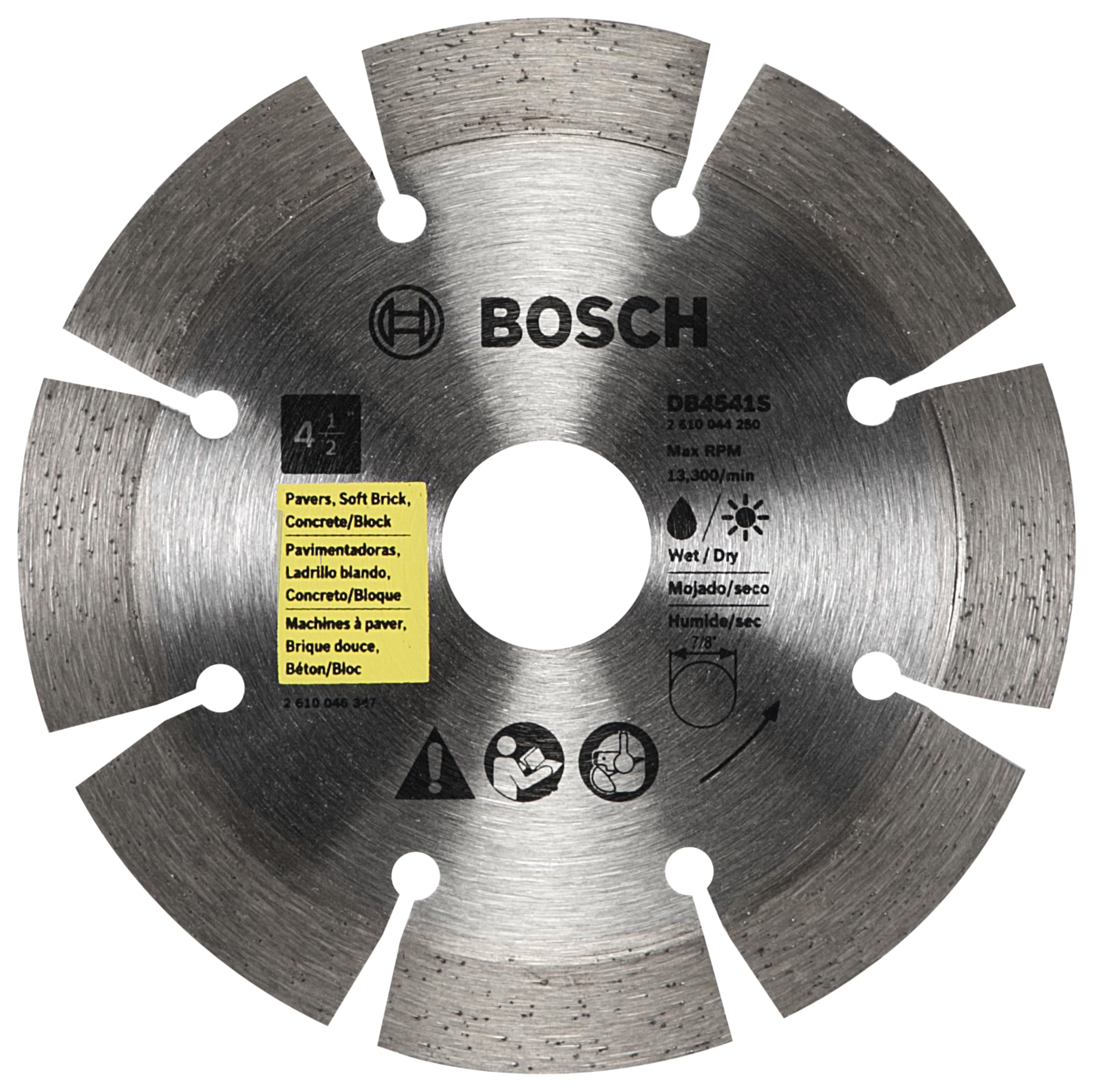 BOSCH DB4541S 4-1/2 in. Standard Segmented Rim Diamond Blade with 7/8 in. Arbor for Universal Rough Cut Wet/Dry Cutting Applications in Pavers, Soft Brick, Concrete/Block