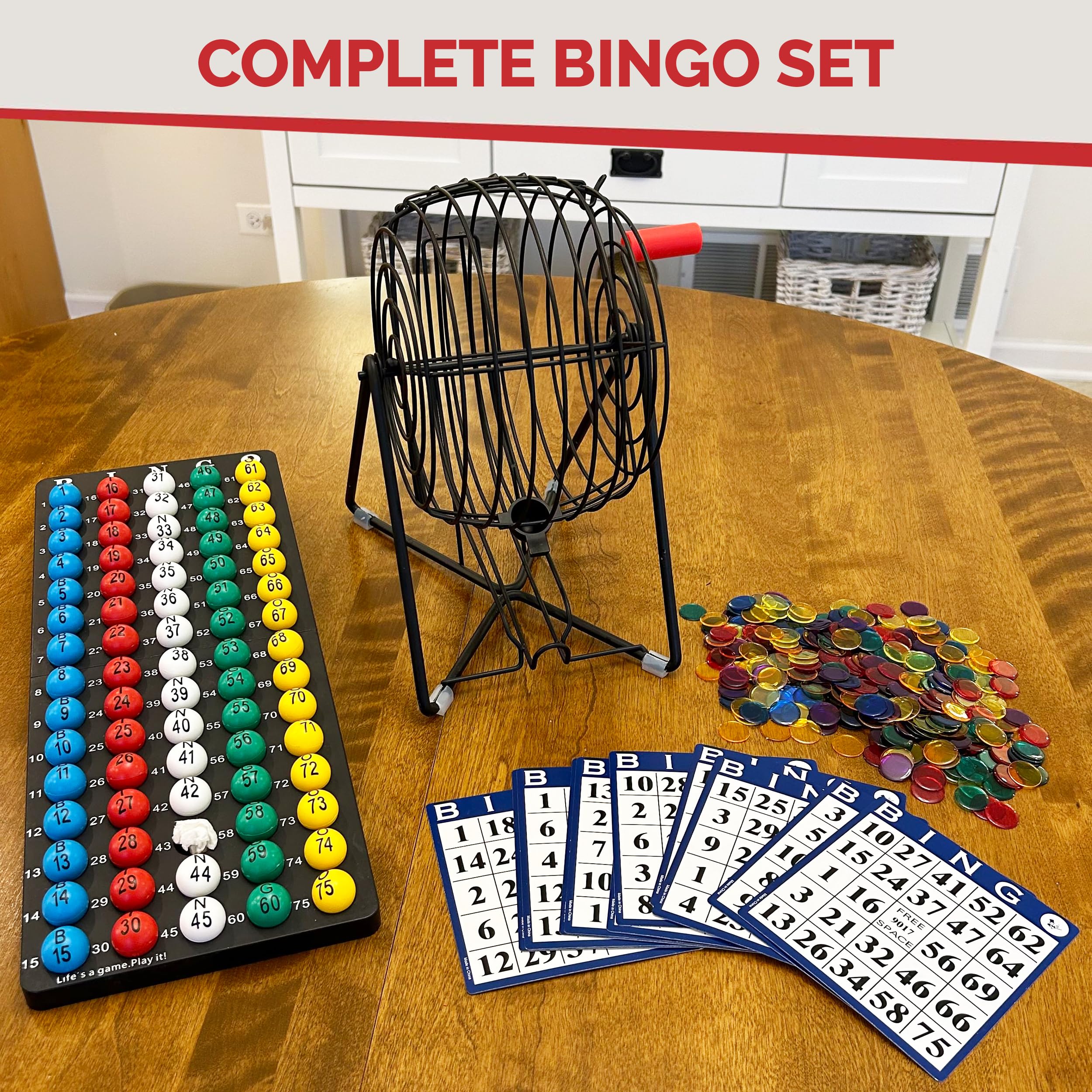 MR CHIPS 11" (Inch) Tall Professional Bingo Set with Steel Bingo Cage, Everlasting 7/8” Bingo Balls, 18 Bingo Cards and 300 Bingo Chips - Mysterious Black Color