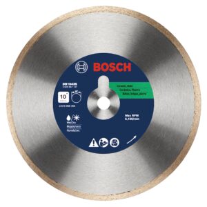 bosch db1043s 10 in. standard continuous rim diamond blade with 5/8 in. arbor for clean cut wet/dry cutting applications in ceramic tile, slate