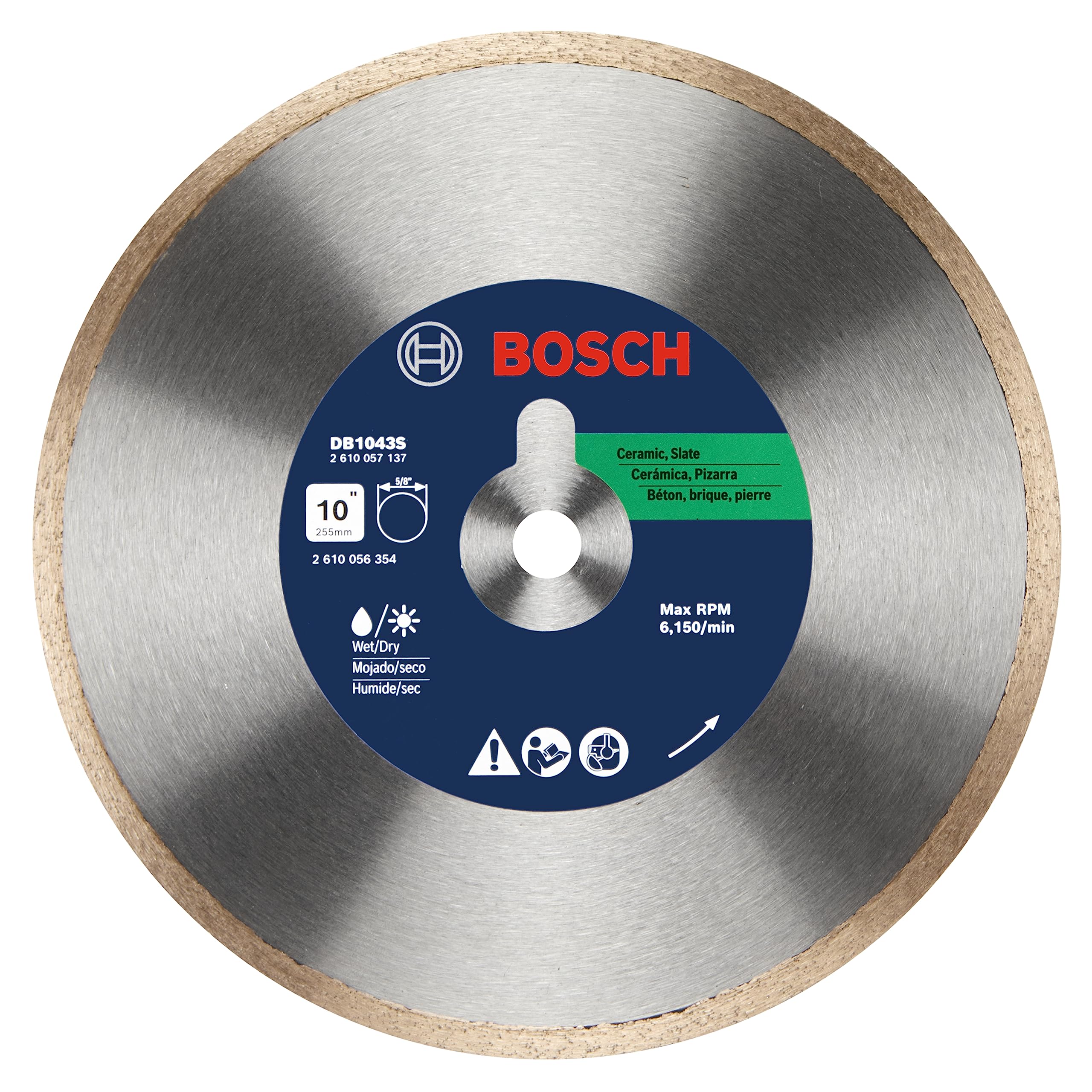 BOSCH DB1043S 10 in. Standard Continuous Rim Diamond Blade with 5/8 in. Arbor for Clean Cut Wet/Dry Cutting Applications in Ceramic Tile, Slate