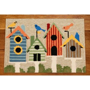 Liora Manne FTP34144144 Frontporch Garden Blue Bird's Home Birdhouses Indoor/Outdoor Rug 2'6" X 4' Ivory and Cream