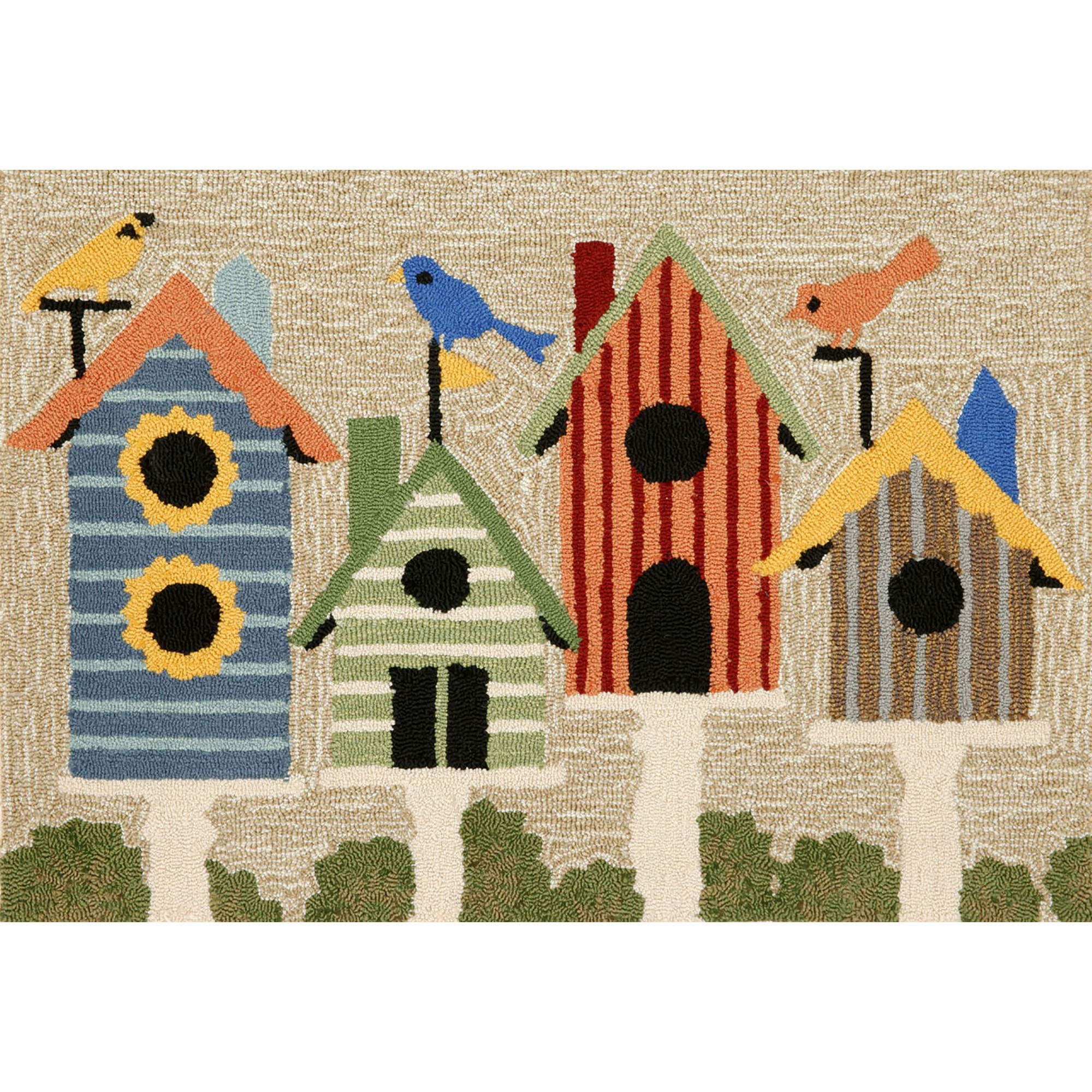 Liora Manne FTP34144144 Frontporch Garden Blue Bird's Home Birdhouses Indoor/Outdoor Rug 2'6" X 4' Ivory and Cream