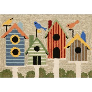 liora manne ftp34144144 frontporch garden blue bird's home birdhouses indoor/outdoor rug 2'6" x 4' ivory and cream