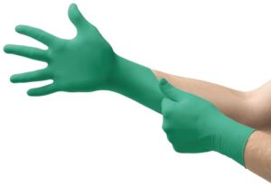 ansell touchntuff 92-600 nitrile lightweight glove with beaded cuff, chemical/splash resistance, powder free, 4.7mil thickness, 240mm length, size 10, green (box of 100)