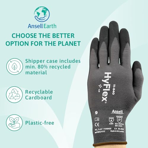 Ansell HyFlex 11-840 Ergonomic Abrasion-Resistant Nylon Spandex Nitrile Coated Industrial Gloves for Automotive, Fabrication - Med (8) Grey (12 Pairs)