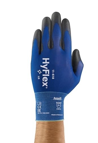 Ansell HyFlex 11-618 Nylon Light Duty Multi-Purpose Glove with Knitwrist, Abrasion/Cut Resistant, Size 8, Blue (Pack of 12 Pair)