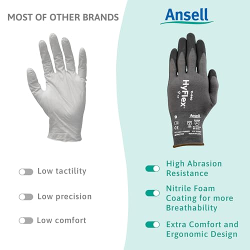 Ansell HyFlex 11-840 Ergonomic Abrasion-Resistant Nylon Spandex Nitrile Coated Industrial Gloves for Automotive, Fabrication - Med (8) Grey (12 Pairs)