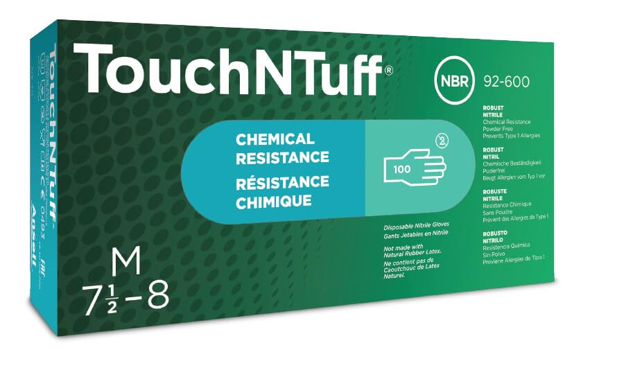 Ansell TouchNTuff 92-600 Nitrile Lightweight Glove with Beaded Cuff, Chemical/Splash Resistance, Powder Free, 4.7mil Thickness, 240mm Length, Size 10, Green (Box of 100)