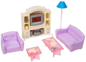 my fancy life 24012 dollhouse furniture, living room with tv/dvd set and show case play set