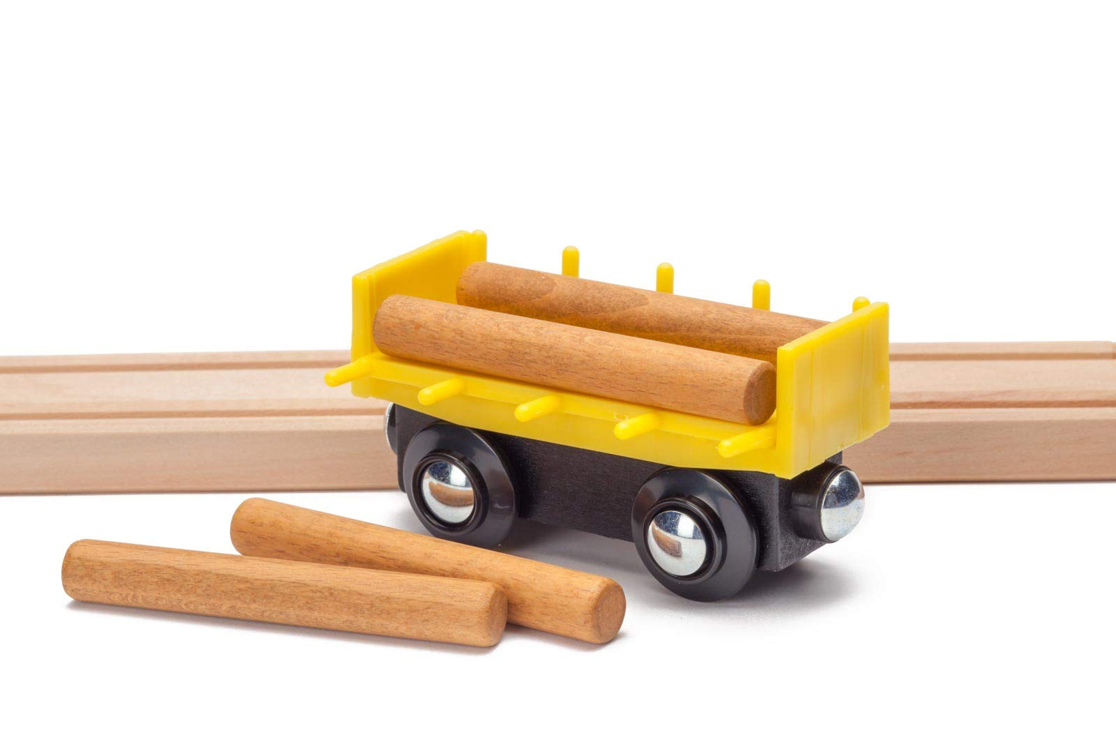 Maxim Enterprise, inc. Log Car for Wooden Railway, 5 Piece Kids Train Set with Magnetic Link and Removable Logs, Compatible with Thomas and Friends, Brio Train Sets & Major Brand Wooden Railway