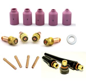 weldingcity tig welding torch accessory kit for gas lens setup .040"-1/16"-3/32"-1/8" collet-gas lens-ceramic cup-gasket-back cap for torch 17, 18 and 26 miller lincoln hobart esab weldcraft (t6)