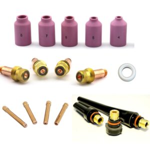 WeldingCity TIG Welding Torch Accessory Kit for Gas Lens Setup .040"-1/16"-3/32"-1/8" Collet-Gas Lens-Ceramic Cup-Gasket-Back Cap for Torch 17, 18 and 26 Miller Lincoln Hobart ESAB Weldcraft (T6)