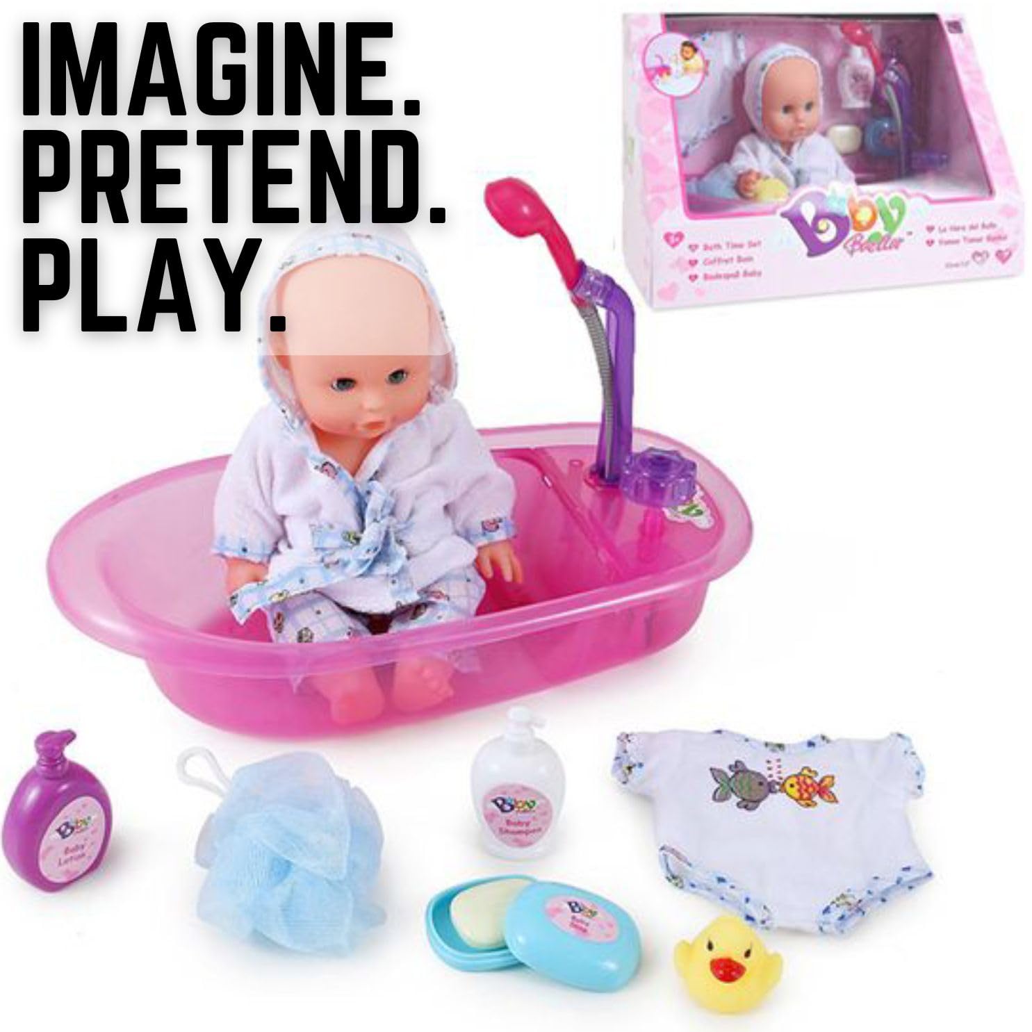 Liberty Imports Baby Bath Toys 13-Inch Little Newborn Doll Bath Set - Real Working Bathtub with Detachable Shower Spray and Accessories for Kids Pretend Play