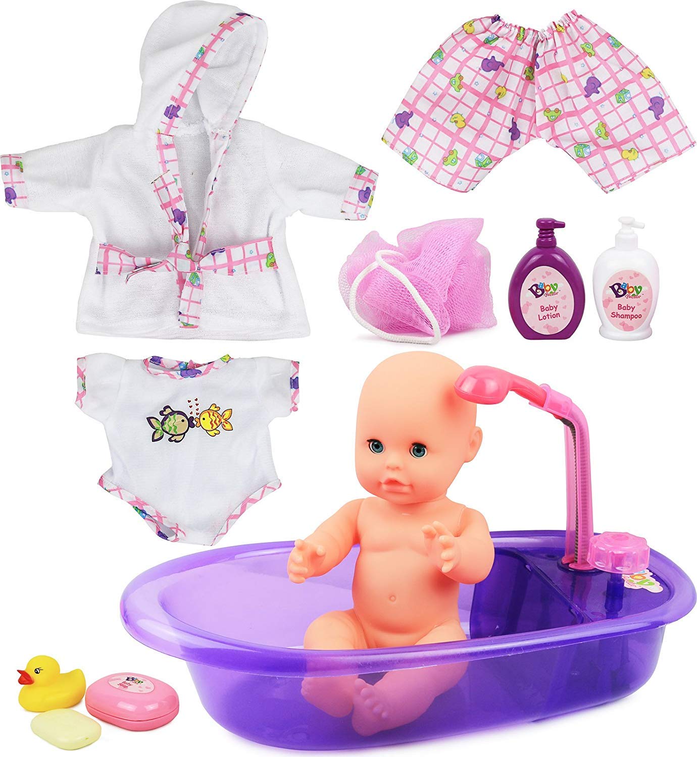 Liberty Imports Baby Bath Toys 13-Inch Little Newborn Doll Bath Set - Real Working Bathtub with Detachable Shower Spray and Accessories for Kids Pretend Play